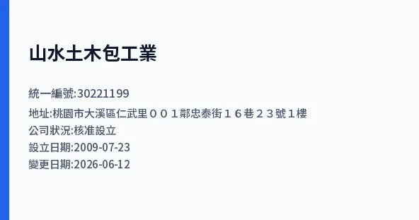山水土木包工業的照片-統編 30221199(桃園市) 公司登記資料與營業項目詳細圖表