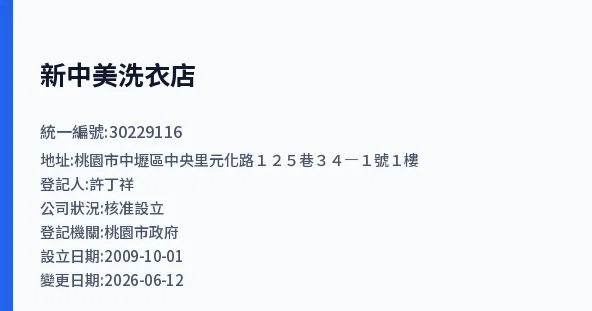 新中美洗衣店的照片-統編 30229116(桃園市) 公司登記資料與營業項目詳細圖表