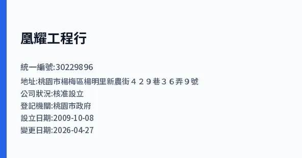 凰耀工程行的照片-統編 30229896(桃園市) 公司登記資料與營業項目詳細圖表