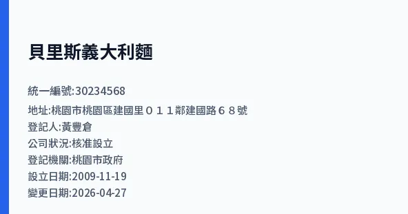 貝里斯義大利麵的照片-統編 30234568(桃園市) 公司登記資料與營業項目詳細圖表
