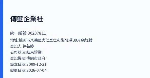 傳璽企業社的照片-統編 30237811(桃園市) 公司登記資料與營業項目詳細圖表
