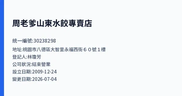 周老爹山東水餃專賣店的照片-統編 30238298(桃園市) 公司登記資料與營業項目詳細圖表