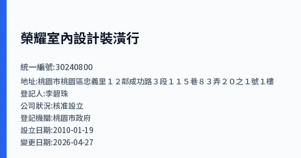 榮耀室內設計裝潢行的照片-統編 30240800(桃園市) 公司登記資料與營業項目詳細圖表