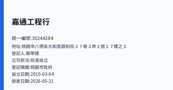 嘉通工程行的照片-統編 30244284(桃園市) 公司登記資料與營業項目詳細圖表