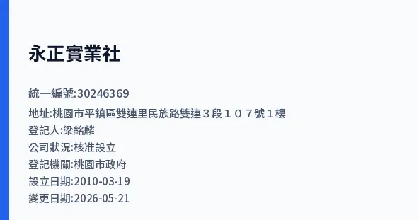 永正實業社的照片-統編 30246369(桃園市) 公司登記資料與營業項目詳細圖表