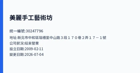 美麗手工藝術坊的照片-統編 30247796(新北市) 公司登記資料與營業項目詳細圖表