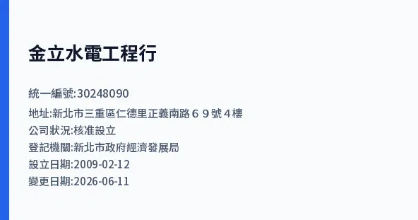 金立水電工程行的照片-統編 30248090(新北市) 公司登記資料與營業項目詳細圖表