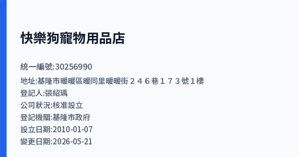 快樂狗寵物用品店的照片-統編 30256990(基隆市) 公司登記資料與營業項目詳細圖表