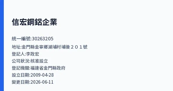 信宏鋼鋁企業的照片-統編 30263205(金門縣) 公司登記資料與營業項目詳細圖表