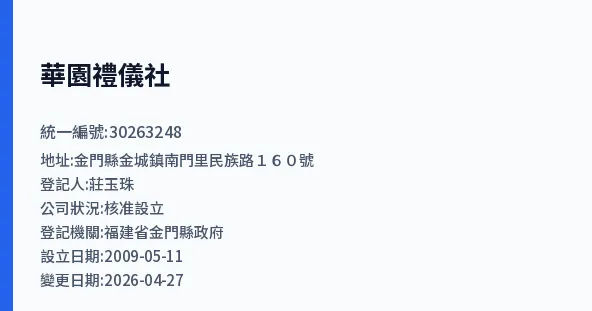 華園禮儀社的照片-統編 30263248(金門縣) 公司登記資料與營業項目詳細圖表