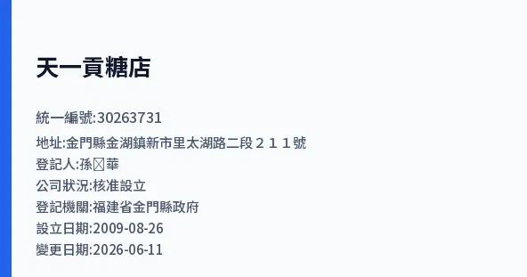 天一貢糖店的照片-統編 30263731(金門縣) 公司登記資料與營業項目詳細圖表