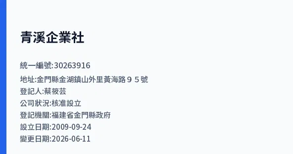 青溪企業社的照片-統編 30263916(金門縣) 公司登記資料與營業項目詳細圖表