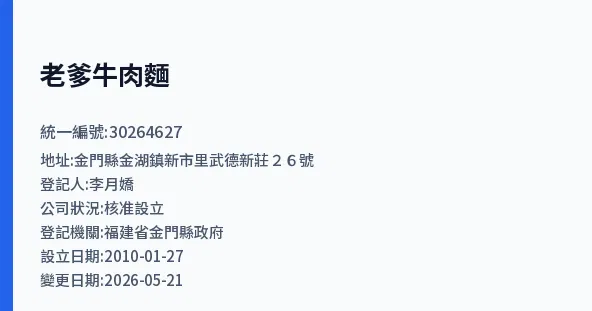 老爹牛肉麵的照片-統編 30264627(金門縣) 公司登記資料與營業項目詳細圖表