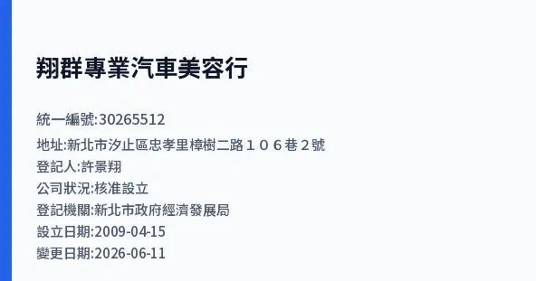翔群專業汽車美容行的照片-統編 30265512(新北市) 公司登記資料與營業項目詳細圖表
