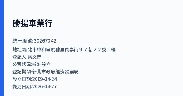 勝揚車業行的照片-統編 30267342(新北市) 公司登記資料與營業項目詳細圖表