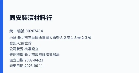 同安裝潢材料行的照片-統編 30267434(新北市) 公司登記資料與營業項目詳細圖表