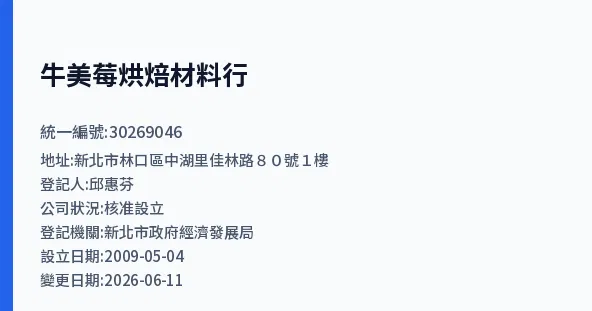 牛美莓烘焙材料行的照片-統編 30269046(新北市) 公司登記資料與營業項目詳細圖表