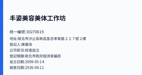 丰姿美容美体工作坊的照片-統編 30270819(新北市) 公司登記資料與營業項目詳細圖表