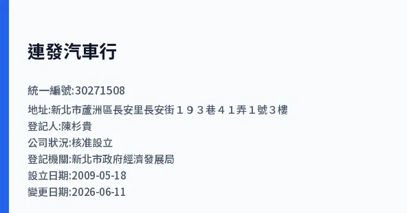 連發汽車行的照片-統編 30271508(新北市) 公司登記資料與營業項目詳細圖表