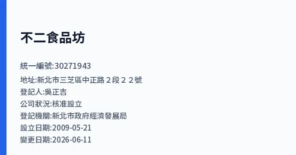 不二食品坊的照片-統編 30271943(新北市) 公司登記資料與營業項目詳細圖表
