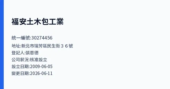 福安土木包工業的照片-統編 30274456(新北市) 公司登記資料與營業項目詳細圖表