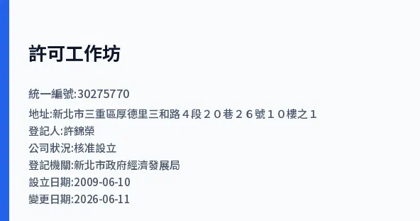 許可工作坊的照片-統編 30275770(新北市) 公司登記資料與營業項目詳細圖表