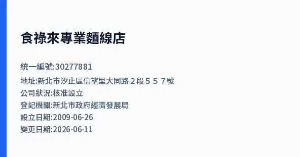 食祿來專業麵線店的照片-統編 30277881(新北市) 公司登記資料與營業項目詳細圖表