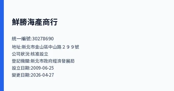 鮮勝海產商行的照片-統編 30278690(新北市) 公司登記資料與營業項目詳細圖表