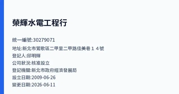 榮輝水電工程行的照片-統編 30279071(新北市) 公司登記資料與營業項目詳細圖表