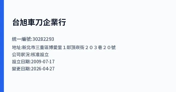 台旭車刀企業行的照片-統編 30282293(新北市) 公司登記資料與營業項目詳細圖表