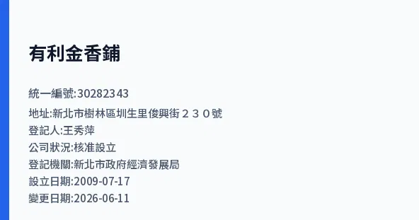 有利金香鋪的照片-統編 30282343(新北市) 公司登記資料與營業項目詳細圖表
