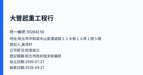 大豐起重工程行的照片-統編 30284150(新北市) 公司登記資料與營業項目詳細圖表