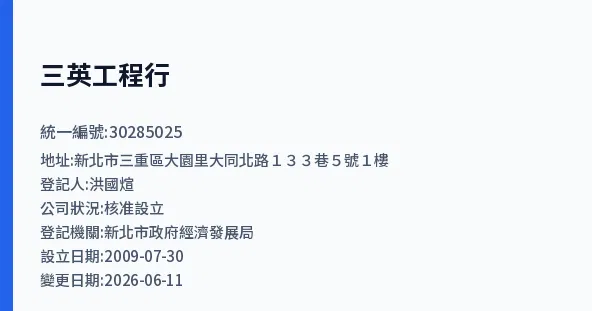 三英工程行的照片-統編 30285025(新北市) 公司登記資料與營業項目詳細圖表