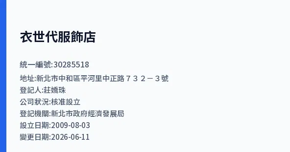 衣世代服飾店的照片-統編 30285518(新北市) 公司登記資料與營業項目詳細圖表