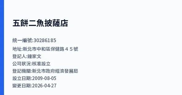 五餅二魚披薩店的照片-統編 30286185(新北市) 公司登記資料與營業項目詳細圖表