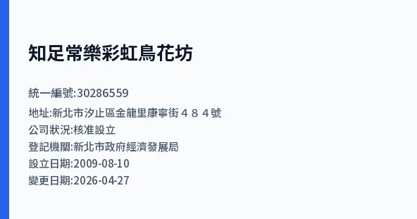 知足常樂彩虹鳥花坊的照片-統編 30286559(新北市) 公司登記資料與營業項目詳細圖表