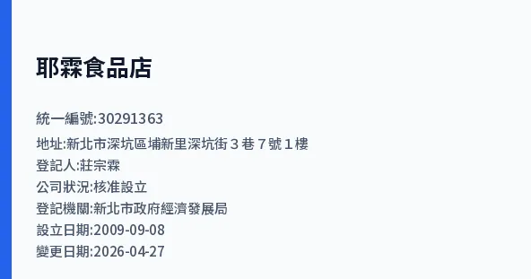 耶霖食品店的照片-統編 30291363(新北市) 公司登記資料與營業項目詳細圖表