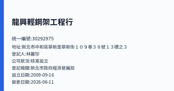 龍興輕鋼架工程行的照片-統編 30292975(新北市) 公司登記資料與營業項目詳細圖表