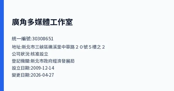 廣角多媒體工作室的照片-統編 30308651(新北市) 公司登記資料與營業項目詳細圖表