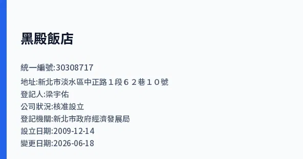 黑殿飯店的照片-統編 30308717(新北市) 公司登記資料與營業項目詳細圖表