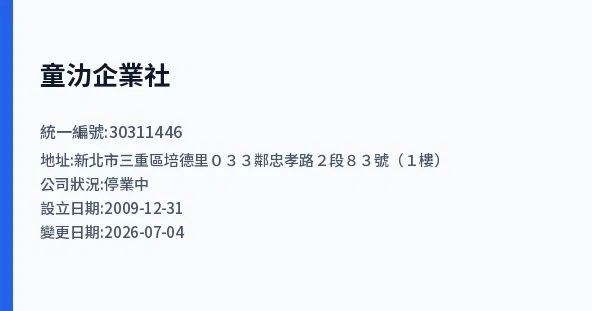 童氻企業社的照片-統編 30311446(新北市) 公司登記資料與營業項目詳細圖表