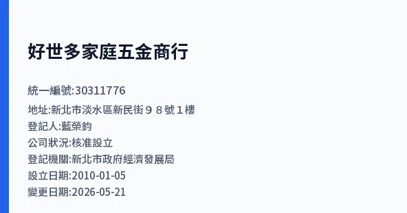好世多家庭五金商行的照片-統編 30311776(新北市) 公司登記資料與營業項目詳細圖表
