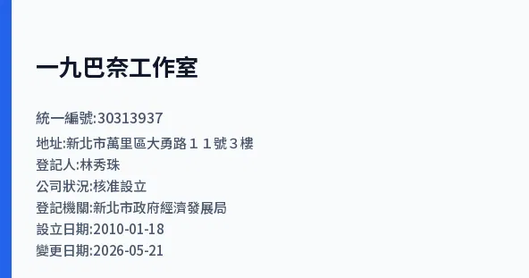 一九巴奈工作室的照片-統編 30313937(新北市) 公司登記資料與營業項目詳細圖表