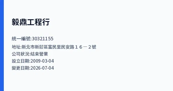 毅鼎工程行的照片-統編 30321155(新北市) 公司登記資料與營業項目詳細圖表