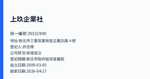 上玖企業社的照片-統編 30321900(新北市) 公司登記資料與營業項目詳細圖表