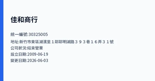 佳和商行的照片-統編 30325005(新竹市) 公司登記資料與營業項目詳細圖表