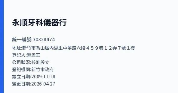 永順牙科儀器行的照片-統編 30328474(新竹市) 公司登記資料與營業項目詳細圖表