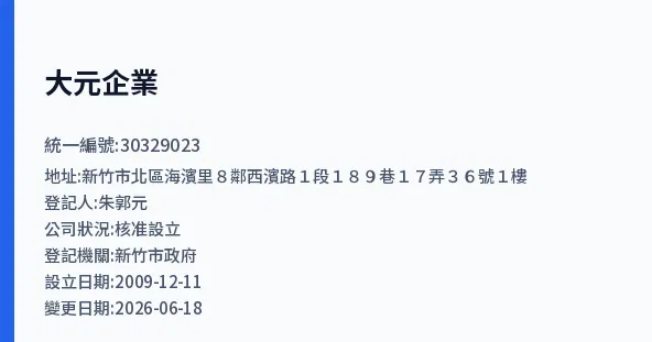 大元企業的照片-統編 30329023(新竹市) 公司登記資料與營業項目詳細圖表