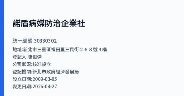 諾盾病媒防治企業社的照片-統編 30330302(新北市) 公司登記資料與營業項目詳細圖表
