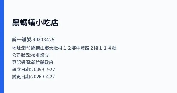 黑螞蟻小吃店的照片-統編 30333429(新竹縣) 公司登記資料與營業項目詳細圖表